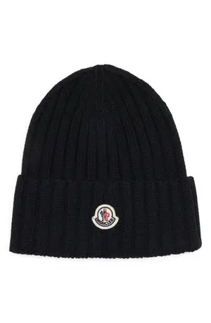 Moncler Ribbed Virgin Wool Beanie - Black