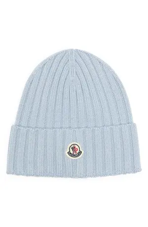 Moncler Moncler Ribbed Virgin Wool Beanie Blue