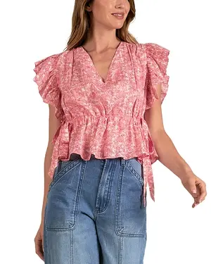 Elan Floral Ruffle Sleeve Side Tie Top