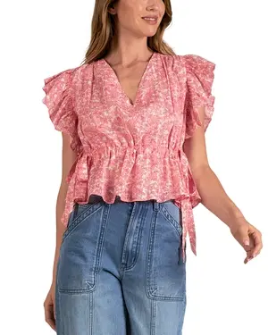 Elan Floral Ruffle Sleeve Side Tie Top