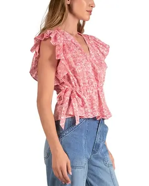 Elan Floral Ruffle Sleeve Side Tie Top