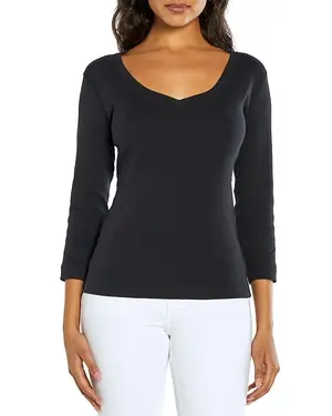 Three Dots Cotton V-neck Tee - Black