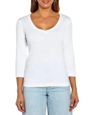 Three Dots Cotton V-neck Tee - White