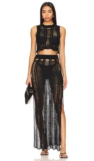 Superdown Maxi Skirt Set With Open Knit Fabrication - Black