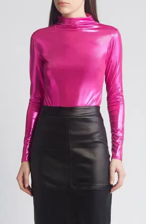 NIKKI LUND Liquid Metallic Mock Neck Top - Pink