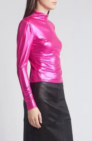NIKKI LUND Liquid Metallic Mock Neck Top - Pink