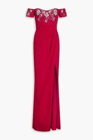Marchesa Marchesa Notte Off-the-Shoulder Embellished Crepe Gown - Red