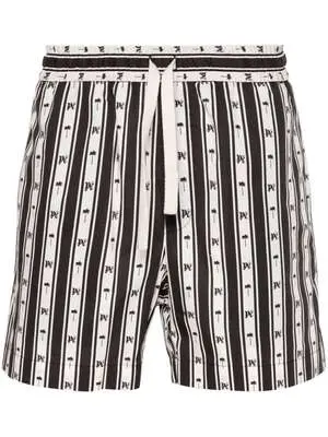 Palm Angels Palm Angels Monogram-Print Striped Thigh-Length Shorts Neutrals