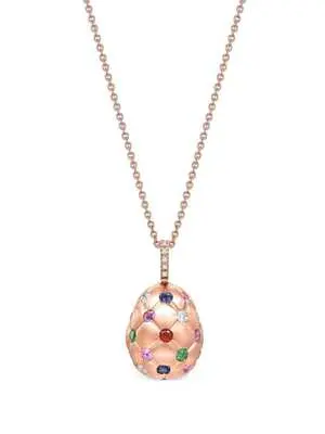 Faberge 18kt Rose Gold Treillage Egg Multi-stone Pendant Necklace