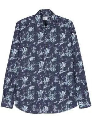MAZZARELLI Botanical-print Cotton Shirt - Blue