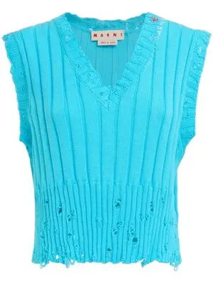 Marni Logo-embroidery Distressed Knitted Vest - Blue