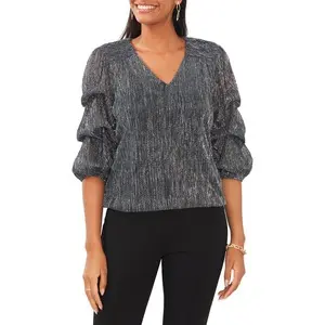 Chaus Metallic Lantern Sleeve Top - Black/silver