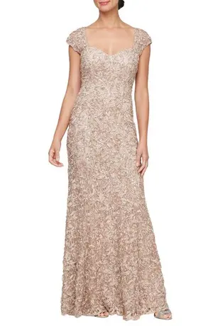 Alex Evenings Soutache Sequin Lace A-line Gown With Wrap - Champagne