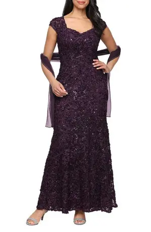 Alex Evenings Soutache Sequin Lace A-line Gown With Wrap - Deep Plum