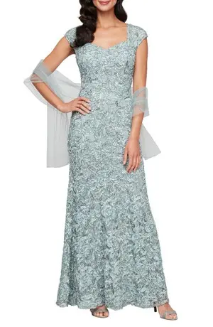 sachin and babi light blue dress Alex Evenings Embroidered Lace Mock Two-Piece Gown with Jacket in Ice Sage  at Nordstrom, Size 16 from $171.75