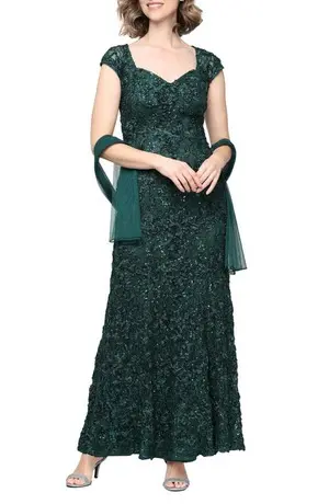 Alex Evenings Soutache Sequin Lace A-line Gown With Wrap - Pine