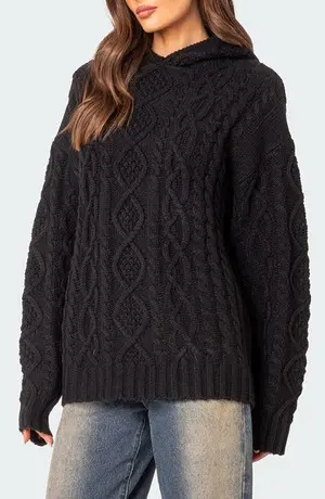 EDIKTED Oversized Cable Knit Hoodie - Black