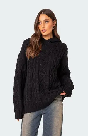 EDIKTED Oversized Cable Knit Hoodie - Black