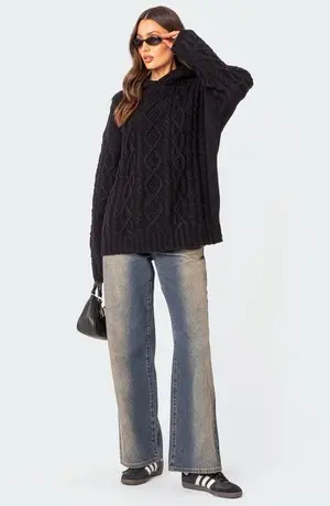 EDIKTED Oversized Cable Knit Hoodie - Black