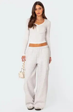 EDIKTED Wide Leg Cotton Cargo Sweatpants - Light-gray