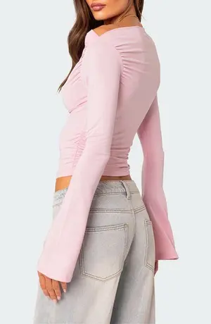 EDIKTED Dana Gathered Bell Sleeve Crop Top - Light-pink