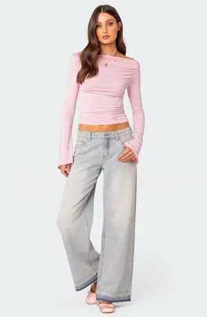 EDIKTED Dana Gathered Bell Sleeve Crop Top - Light-pink