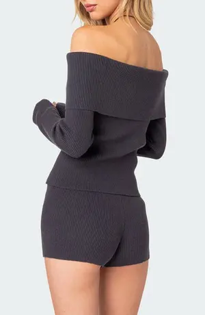 EDIKTED Miriam Off-the-shoulder Ribbed Top - Dark-gray