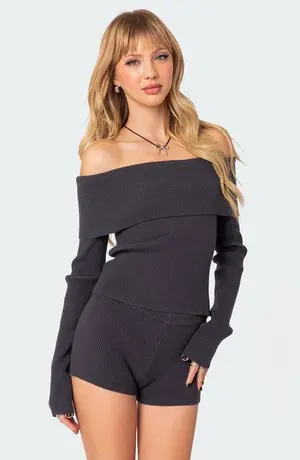 EDIKTED Miriam Off-the-shoulder Ribbed Top - Dark-gray