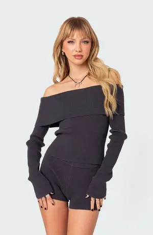 EDIKTED Miriam Off-the-shoulder Ribbed Top - Dark-gray