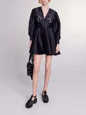 Maje Short Embroidered Linen Dress - Black