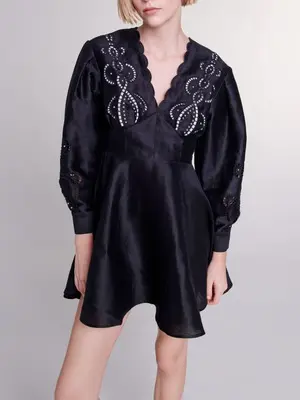 Maje Embroidered Linen Mini Dress
