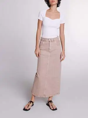 Maje High-waisted Maxi Denim Skirt With Leather Logo Detail