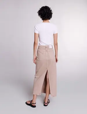Maje High-waisted Maxi Denim Skirt With Leather Logo Detail