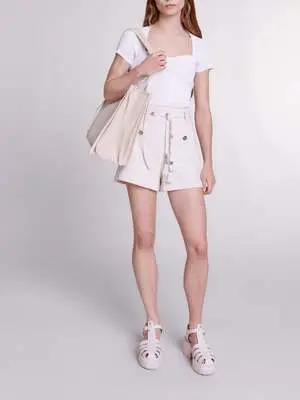 Maje Textured Tweed Belted Shorts - Ecru