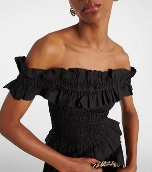 GANNI Smocked Off-shoulder Cotton Poplin Top