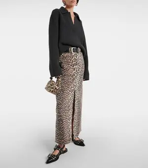GANNI Leopard-print Maxi Denim Skirt - Brown