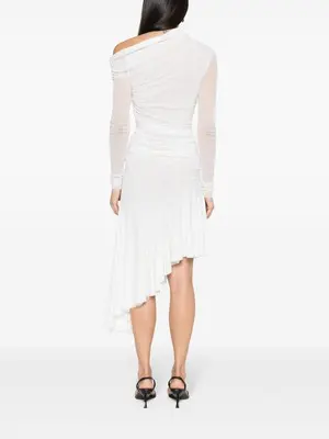 white asymmetrical off the shoulder dress Charmed One Shoulder Midi Dress - Off White