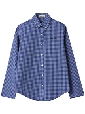 Miu Miu Checked Shirt With Embroidered Logo - Blue