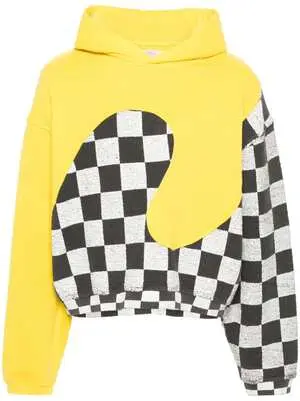 ERL Check-pattern Panelled Cotton Hoodie - Yellow