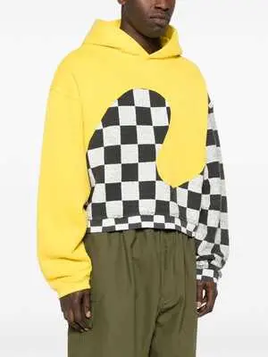 ERL Check-pattern Panelled Cotton Hoodie - Yellow