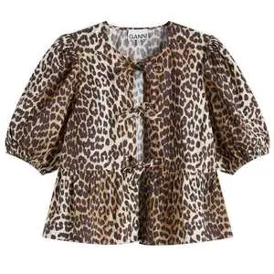 GANNI Printed Cotton Poplin Peplum Blouse - Leopard