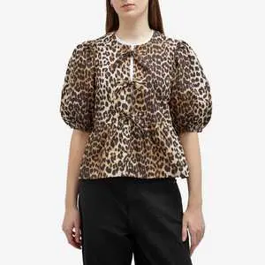 GANNI Printed Cotton Poplin Peplum Blouse - Leopard
