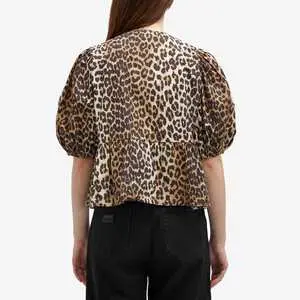 GANNI Printed Cotton Poplin Peplum Blouse - Leopard
