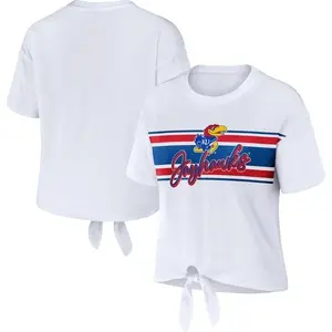 WEAR BY ERIN ANDREWS Kansas Jayhawks Striped Front Knot Cropped T-shirt - White