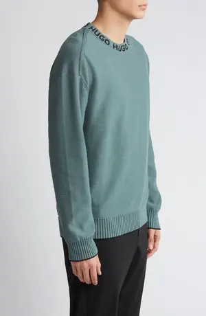 Hugo Smarlo Oversize Logo Collar Crewneck Sweater - Dark Green
