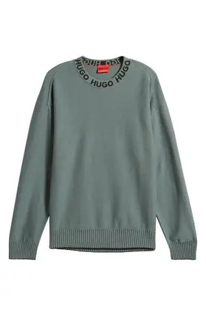 Hugo Smarlo Oversize Logo Collar Crewneck Sweater - Dark Green