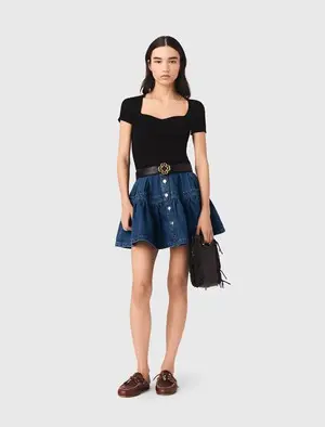 Maje Ribbed Stretch Knit Top With Sweetheart Neckline - Black