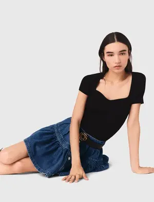 Maje Ribbed Stretch Knit Top With Sweetheart Neckline - Black
