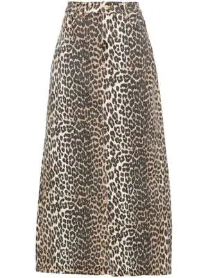 GANNI High-waisted Leopard-print Denim Midi Skirt - Neutrals