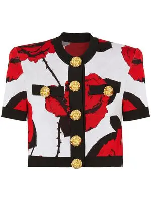 Balmain Floral-jacquard Cropped Cardigan - White